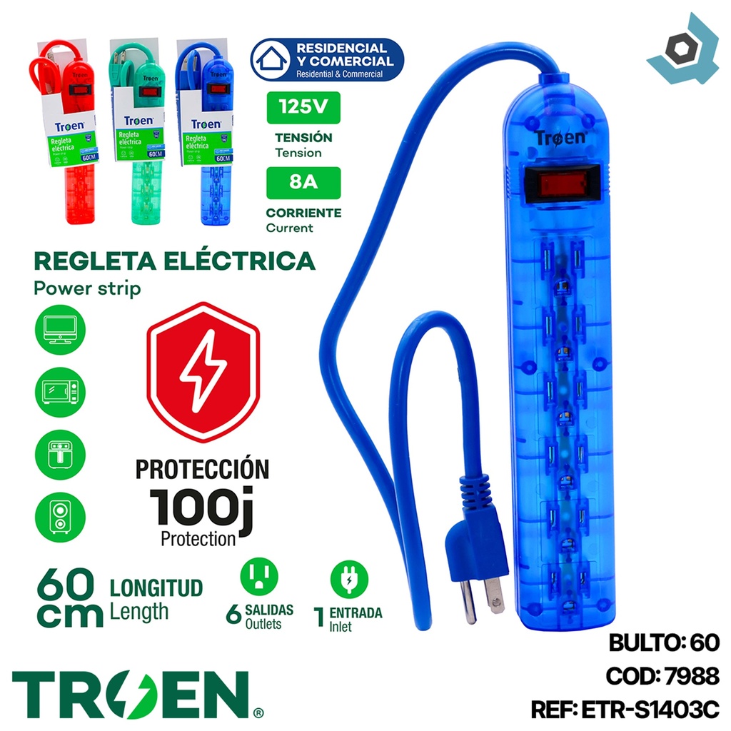 REGLETA ELECTRICA 6 TOMAS 50CM TROEN | Litani Import Export